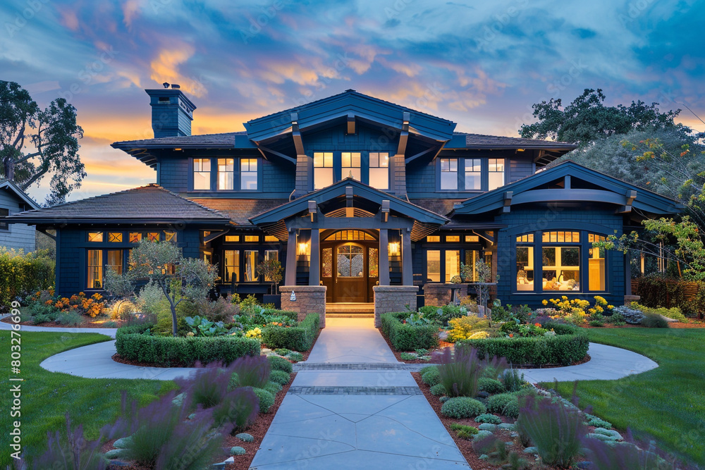 The elegant frontage of a rich indigo craftsman cottage style house ...