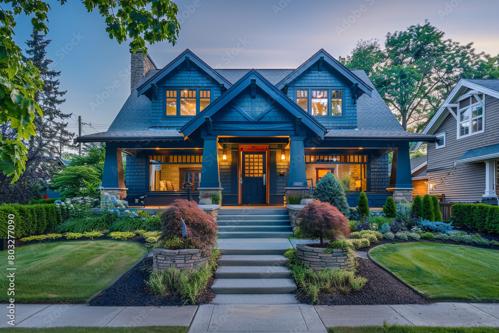 The front facade of a striking cobalt blue cottage craftsman style ...