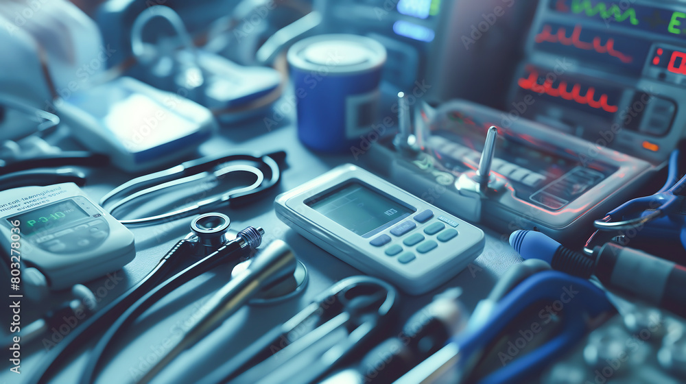 Diverse array of medical instruments used to measure vital signs ...