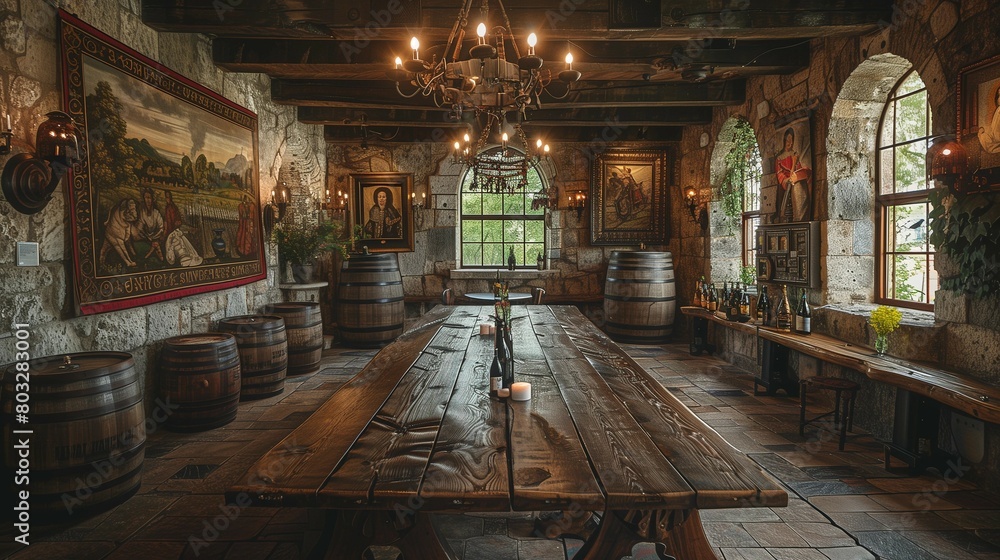 Medieval Council Chamber with Oak Table and Iron Chandeliers ...