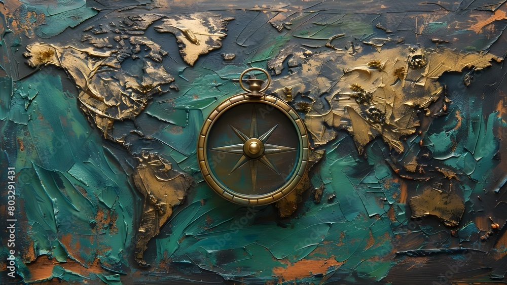 Fictional continent map with compass rose for orientation and direction ...