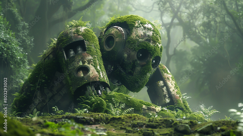 A colossal broken statue of a mechanical god overgrown with moss and ...