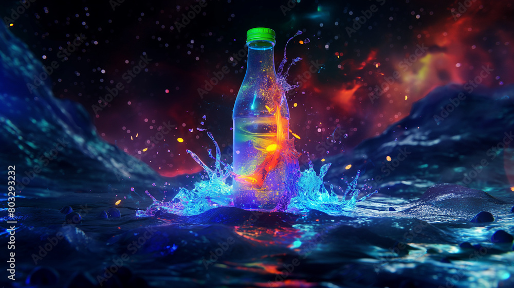 Neon bottle of drink in colorful blue and purple water splashes Stock ...