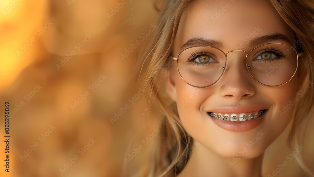 Orthodontic services advertisement showcasing a girl with braces and beautifully aligned teeth ...