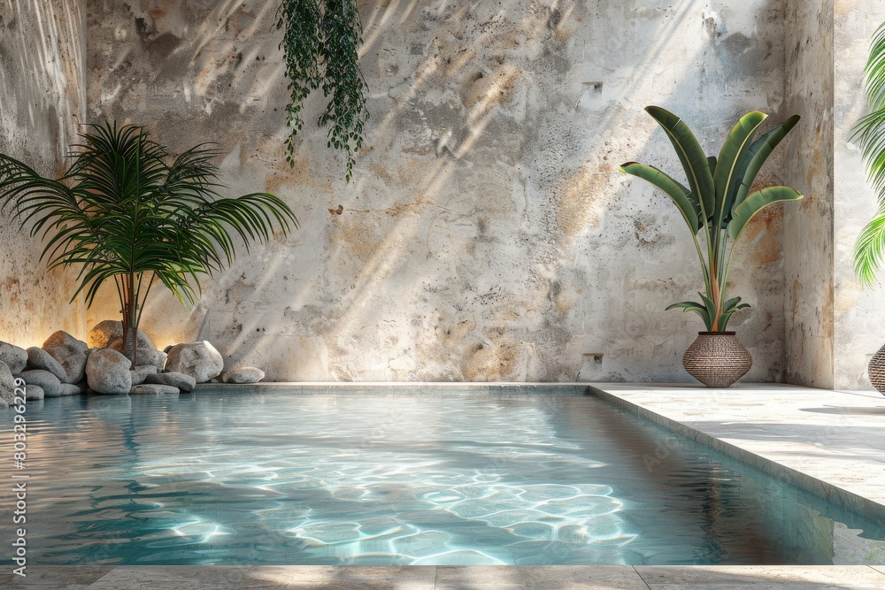 Corner view of a peaceful swimming pool with natural rock and palm ...