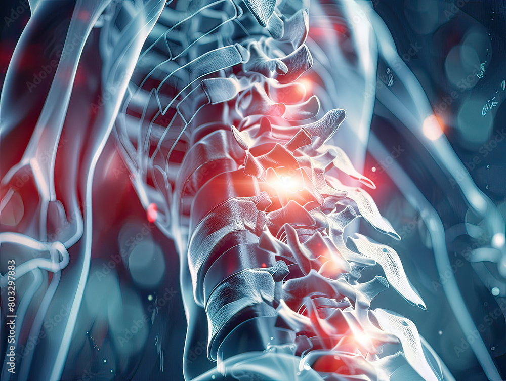 Conceptual illustration of a human spine highlighted with glowing pain ...