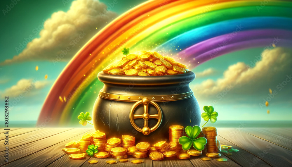 Close-up of a classic leprechaun pot of gold at the end of the rainbow ...