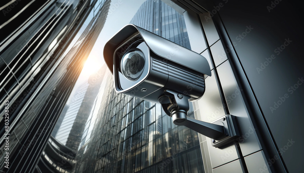 Image of a modern security camera installed on the corner of a modern ...