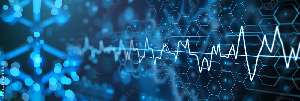 This image shows a blue digital representation of a heartbeat EKG with ...