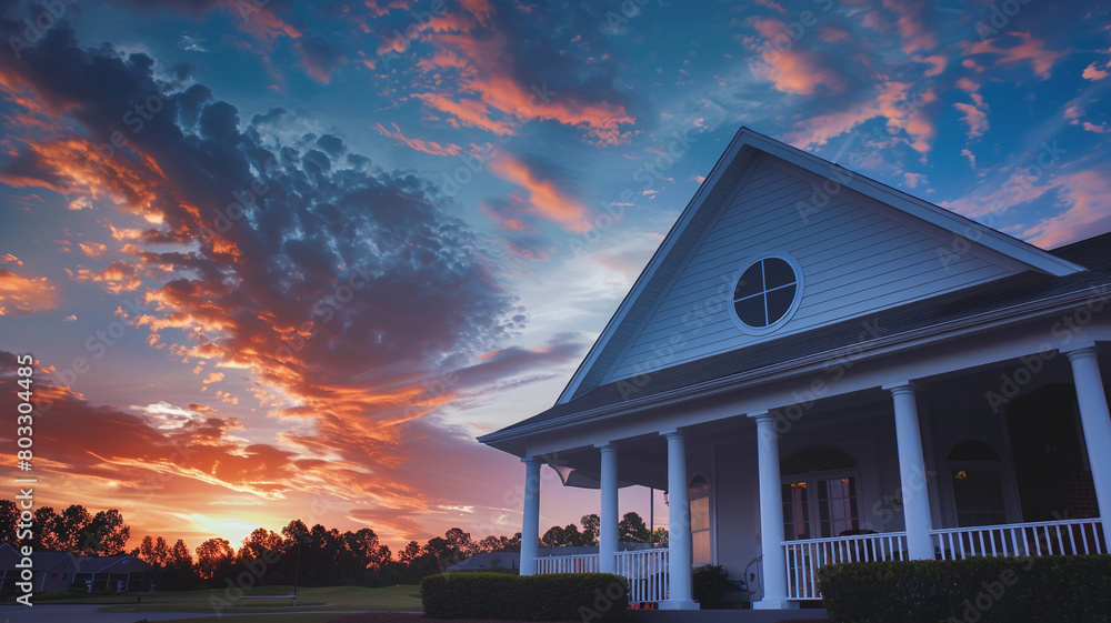 New clubhouse under a breathtaking sunset sky, showcasing a white porch ...