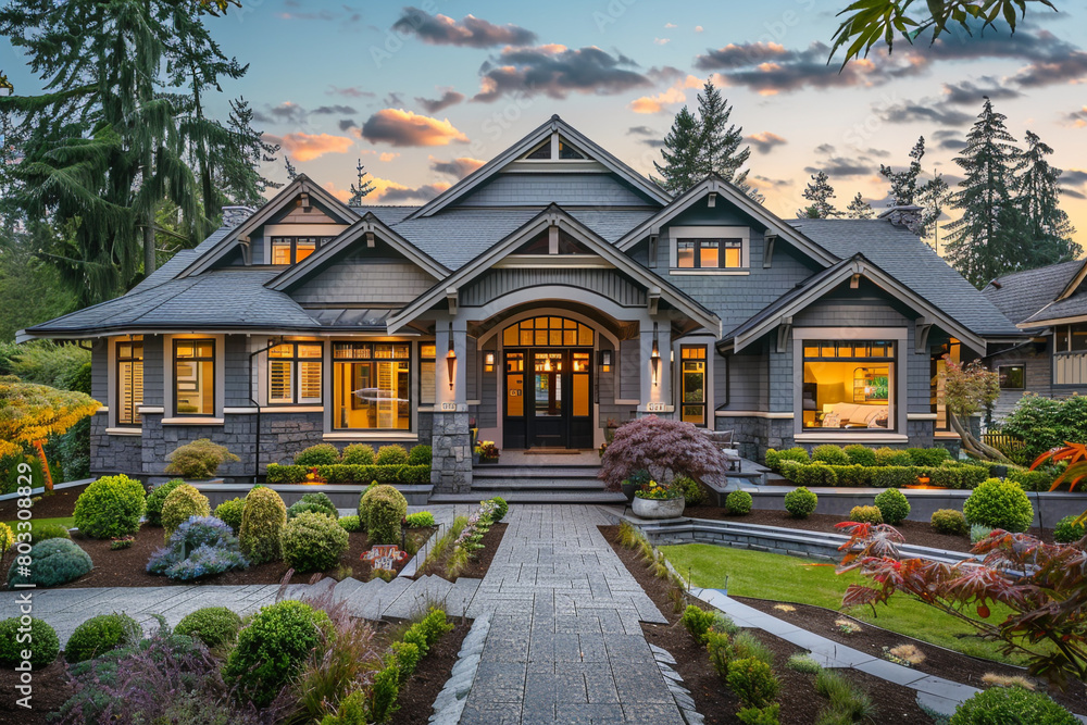The front view of a cool slate gray craftsman cottage style house, with ...