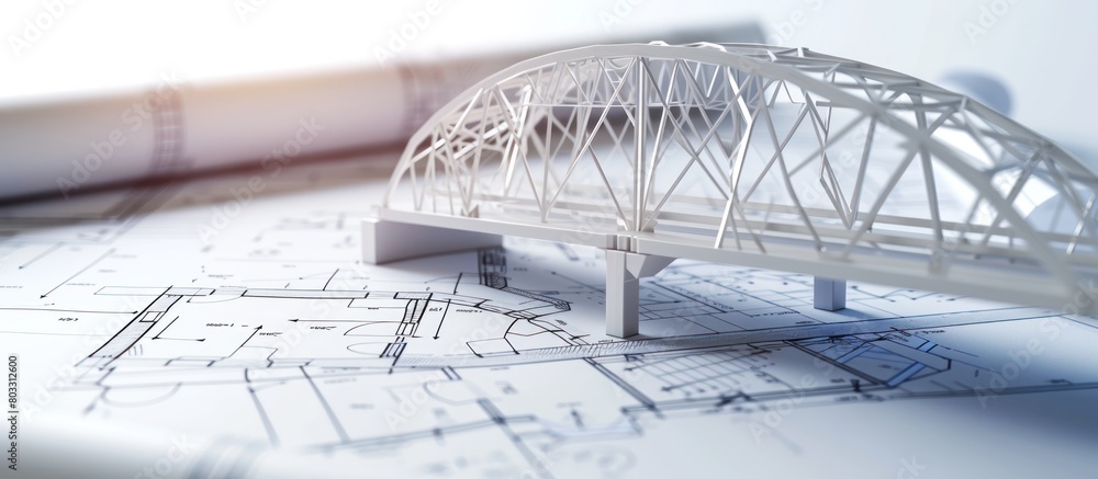A bridge design blueprint showing architectural details and a model of ...