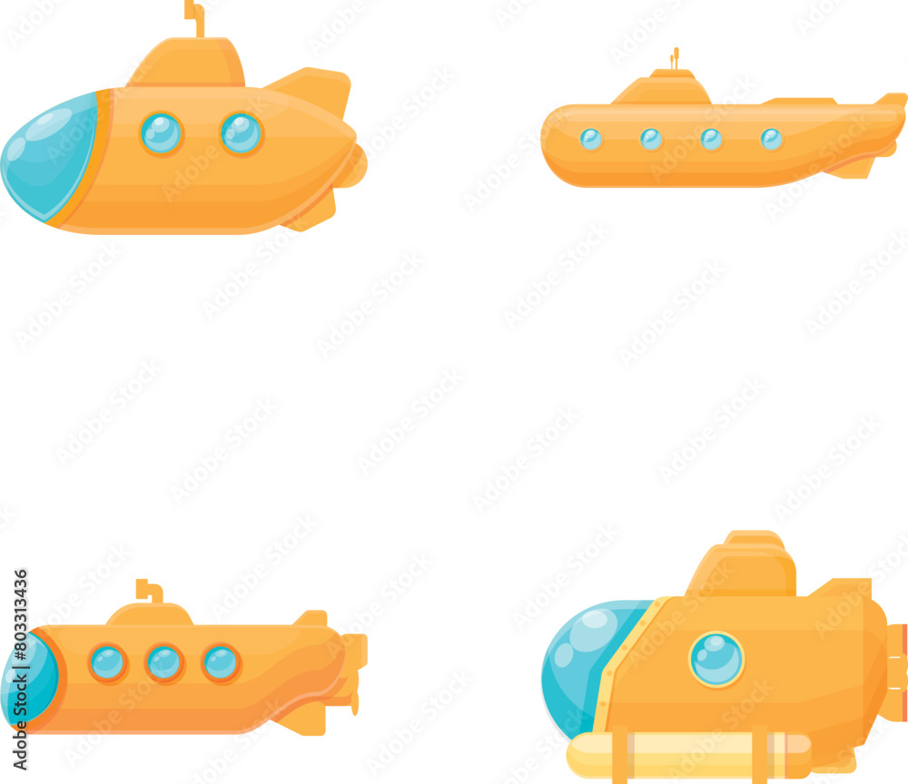 Bathyscaphe icons set cartoon vector. Yellow childish bathyscaphe ...