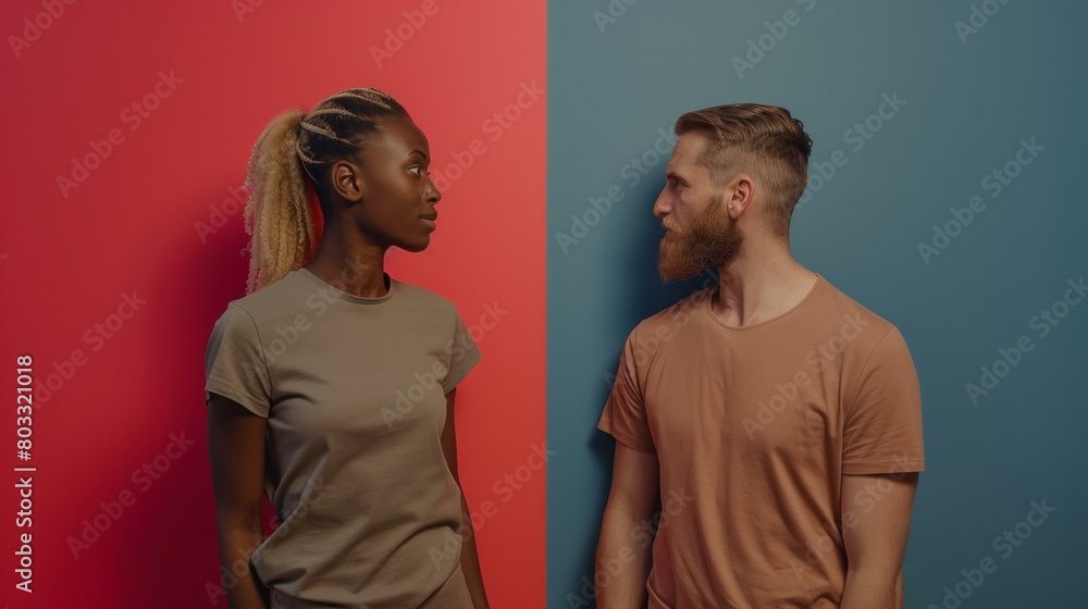 Vibrant image of two people against contrasting red and blue ...