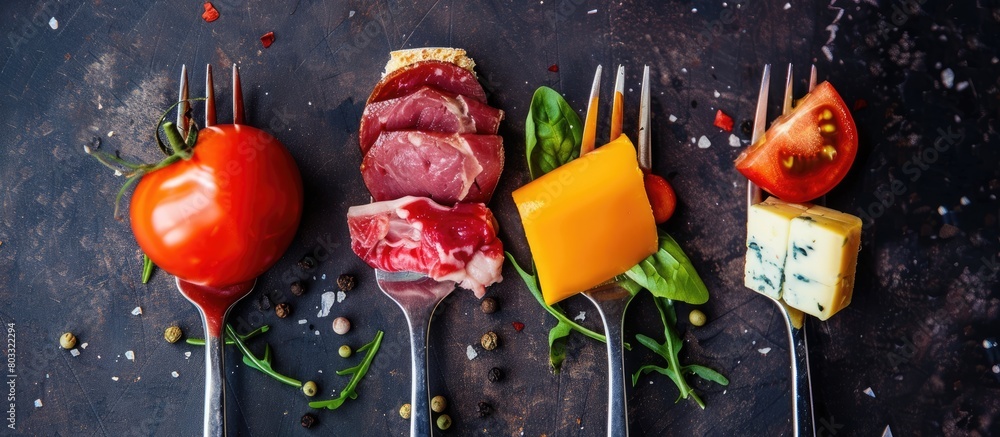 Foods placed on forks include bread, vegetables, cheese, and meat ...