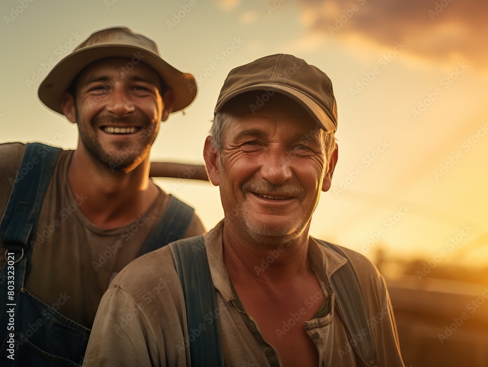 Joyful farmers posing for a realistic photo at sunset after a ...