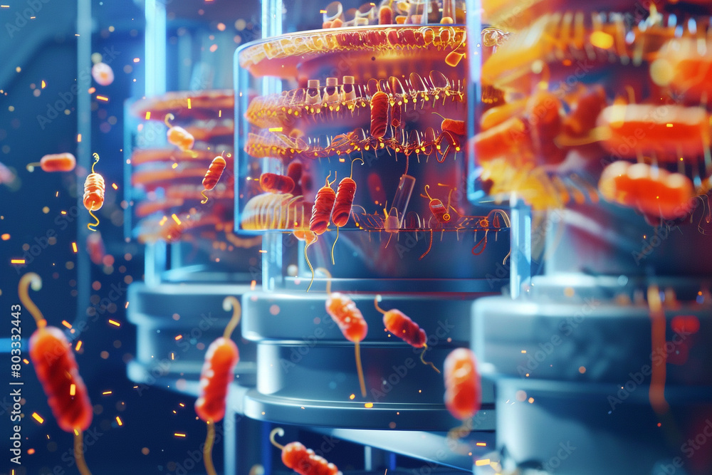 Detailed visual of bioengineered bacteria producing bioplastics, with a ...