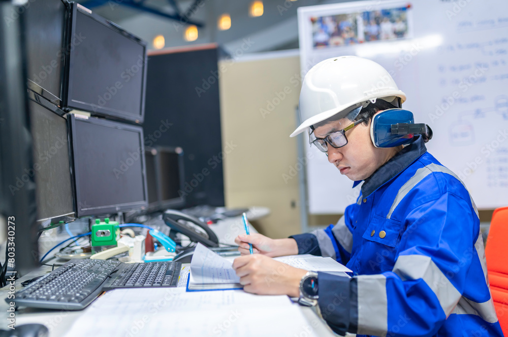 Inside the large Industry Factory Female Computer Engineer Works on ...