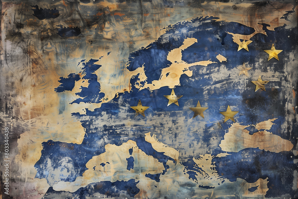 Gritty European map with stars of European Union. Future of Europe and ...