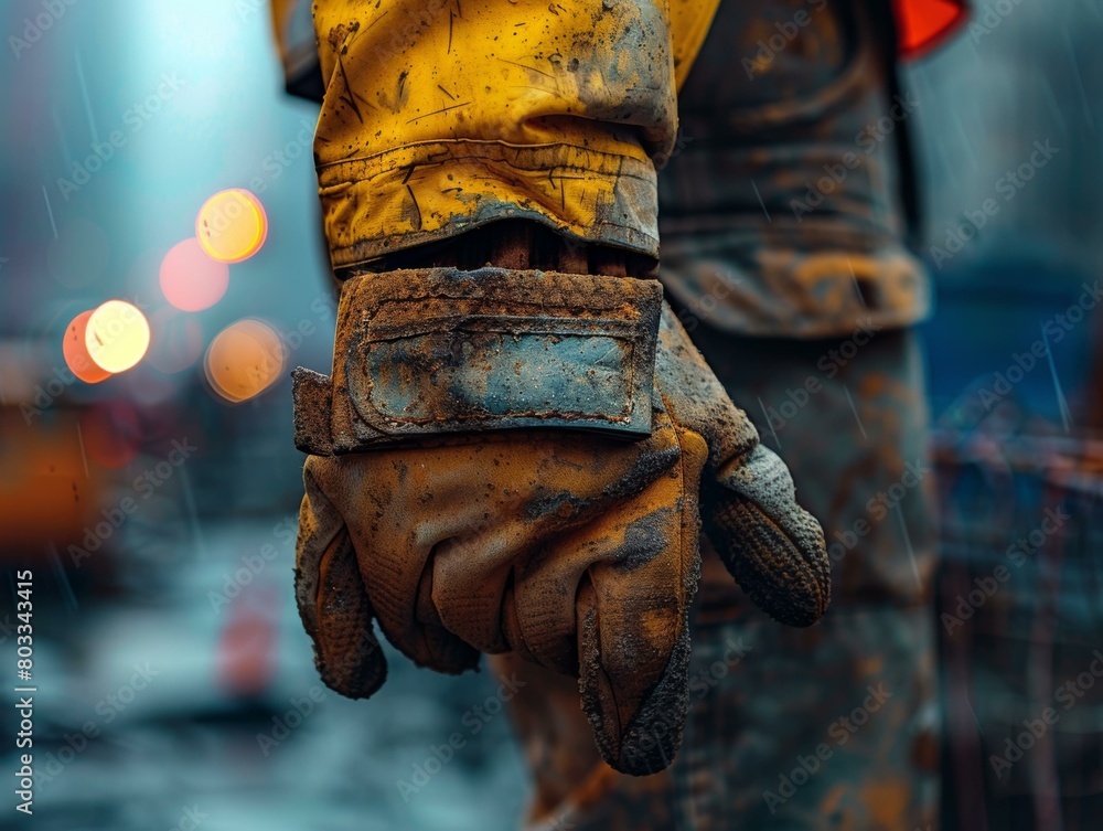 Construction worker wearing a yellow jacket and brown gloves Stock ...