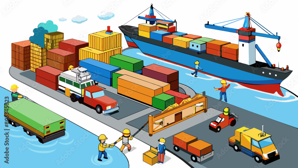 A busy harbor filled with large cargo ships cranes and shipping ...