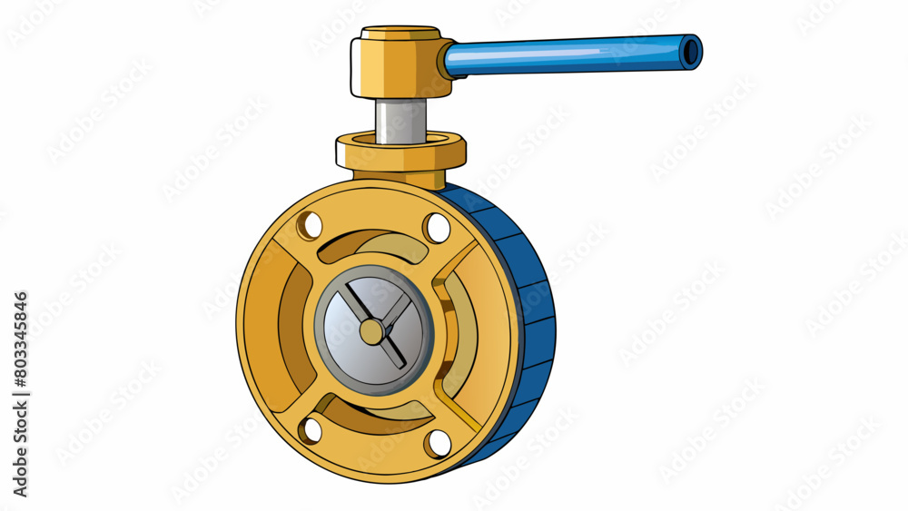 A butterfly valve with a discshaped body and a rotating handle. This is ...