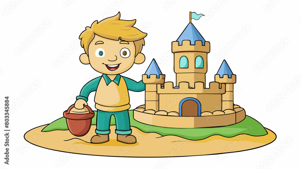 A child proudly displays a sandcastle they built by casting handfuls of ...