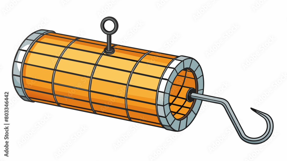 A cylindrical netting device with a weighted bottom and a large hook at ...