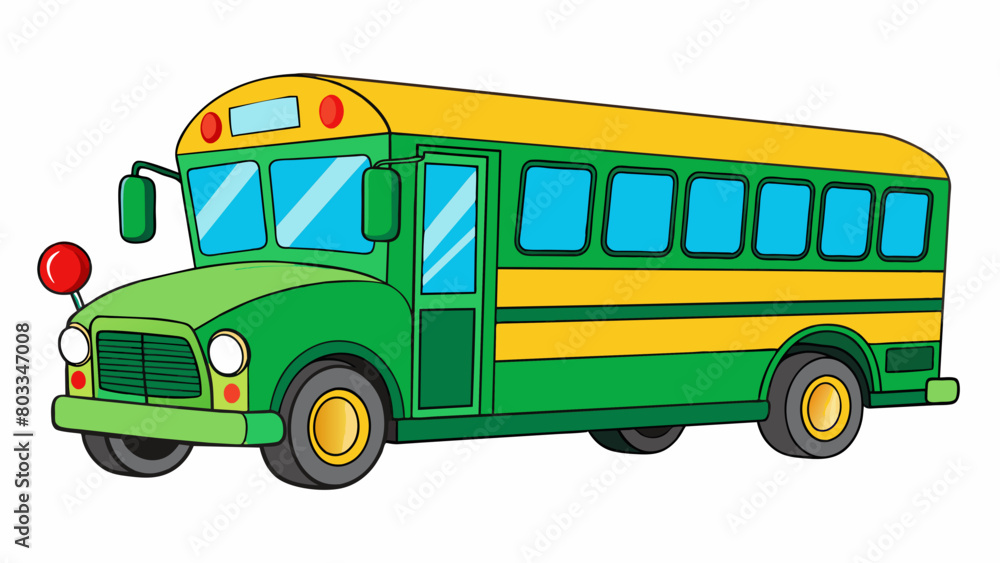 A green and yellow school bus with a rectangular shape and large ...