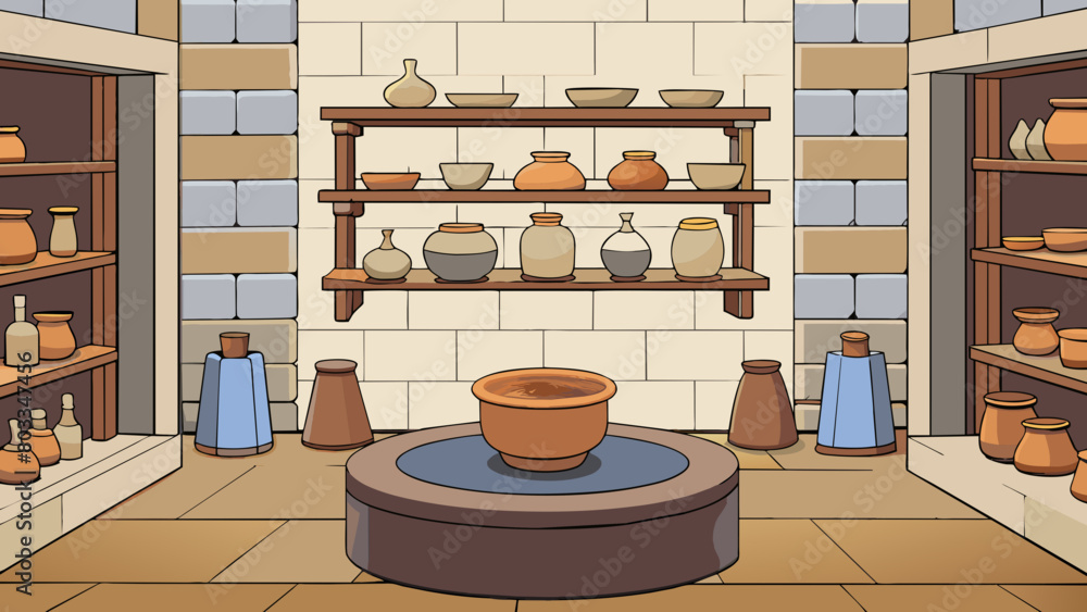 A large potters wheel took up most of the space in the studio ...