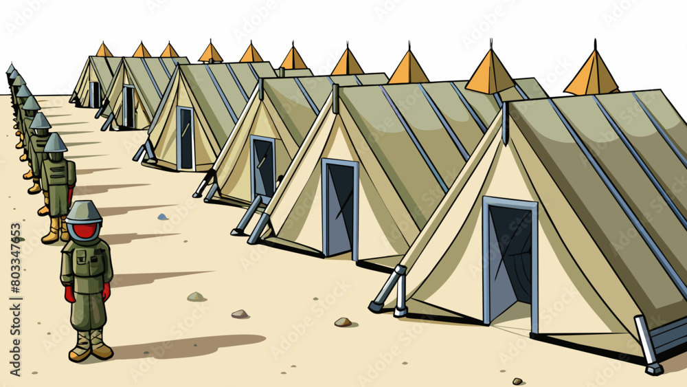 A line of neat orderly tents set up in a desert encampment. Each tent ...
