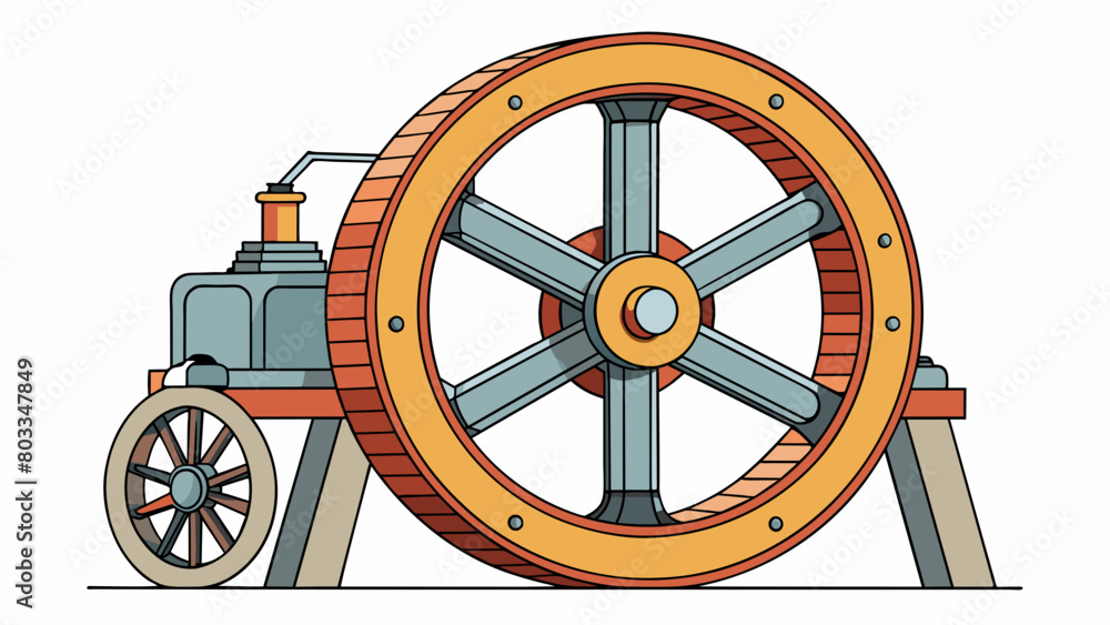 A massive steel wheel with spokes and a large crank attached powering a ...