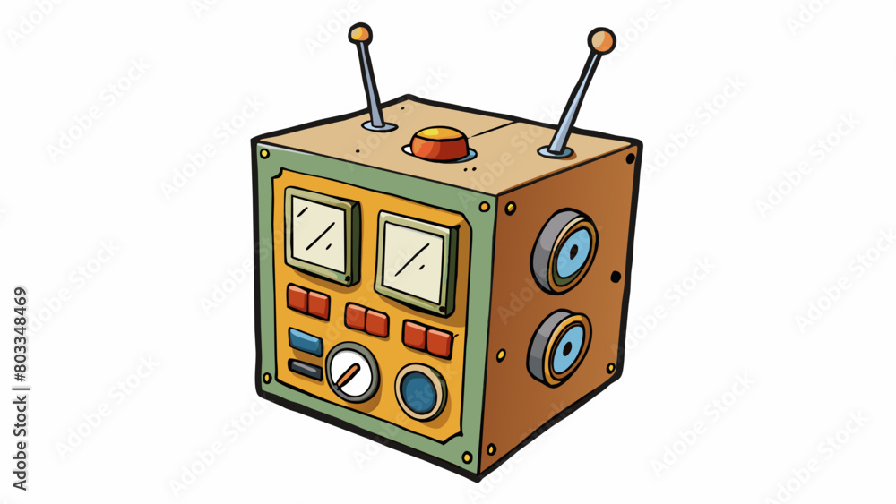An oldfashioned bulky box with antenna and dials emitting static and ...