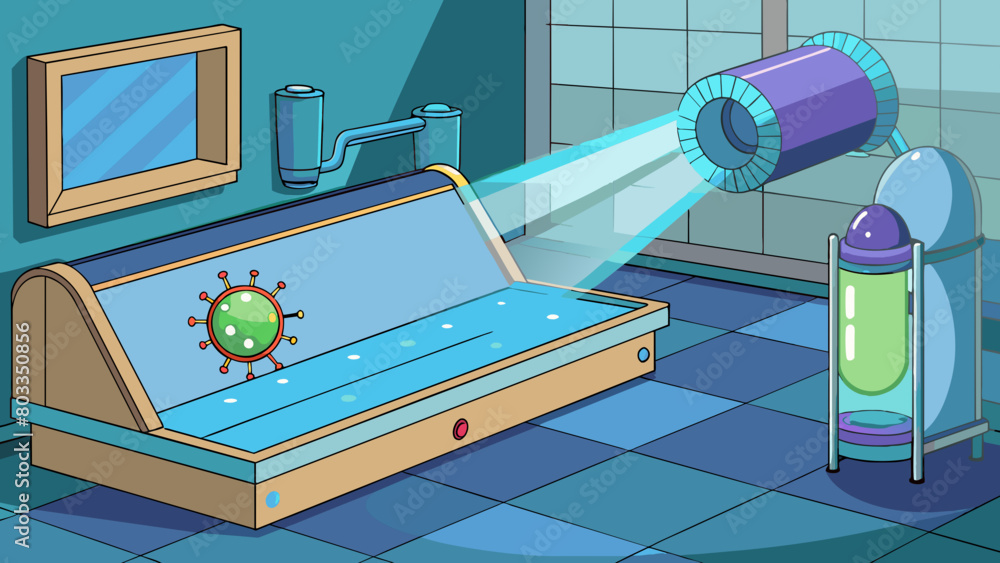 A UV light machine stands tall in a treatment facility emitting ...