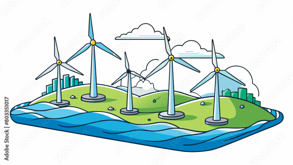 A windy coastline dotted with offshore wind turbines their blades ...