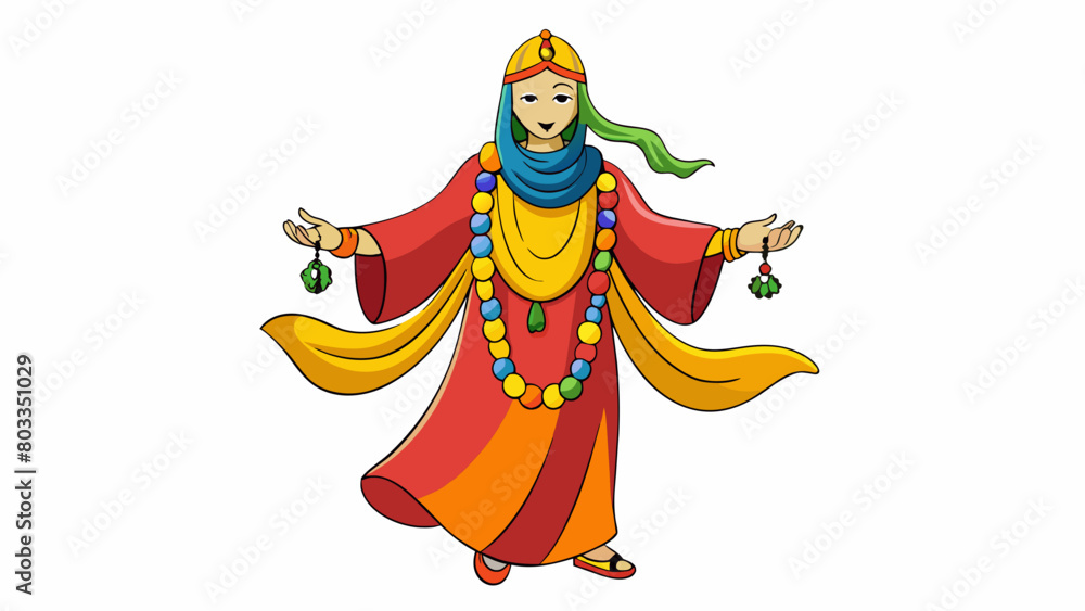 A woman dressed head to toe in brightly colored scarves and flowing ...