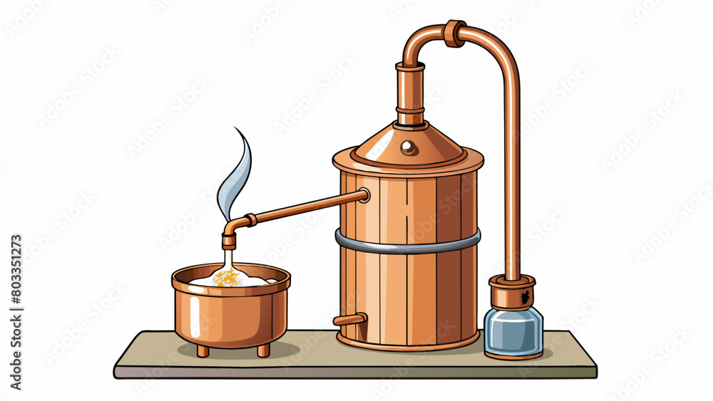 Distilling liquor in a copper still The still is a large shiny copper ...