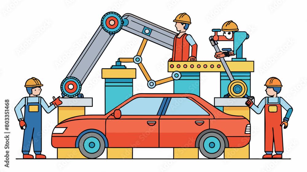 In a car manufacturing plant robotic arms work in tandem with human ...