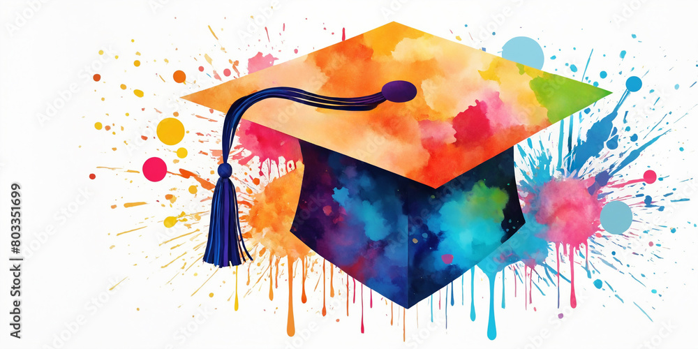 Graduation cap, square academic cap from a splash of watercolor, hand ...