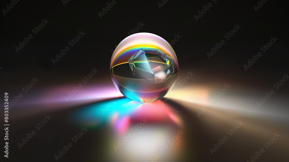 A luminescent, crystal orb centered on a sleek, deep black studio ...