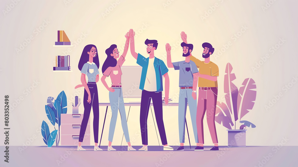 A group of diverse professionals celebrating a successful project. The ...