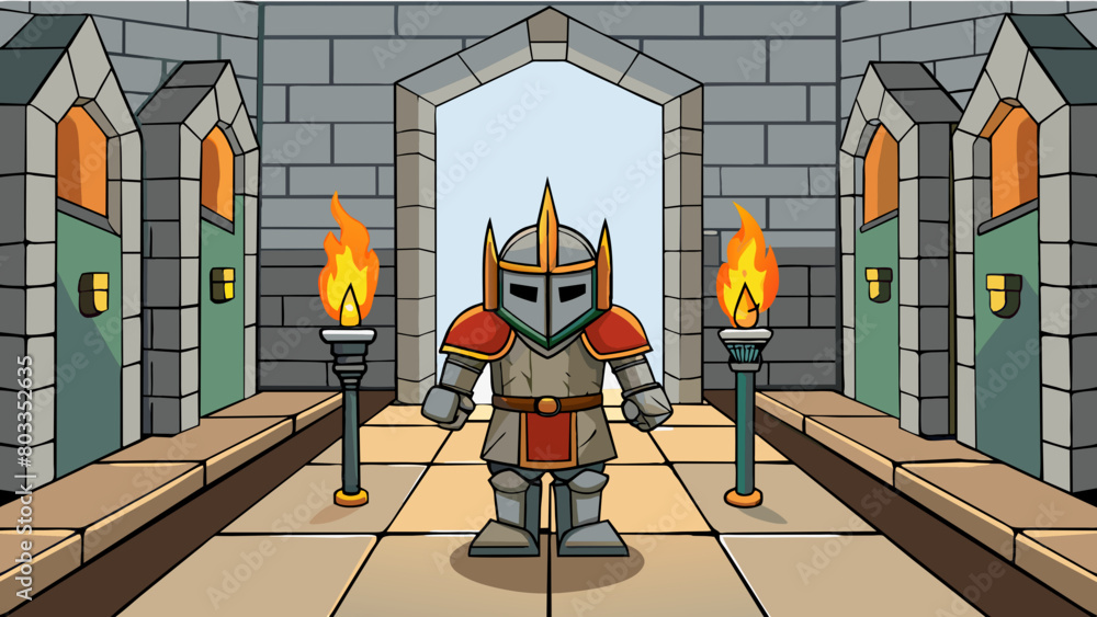 The hall is dimly lit with flickering torches mounted on the stone ...