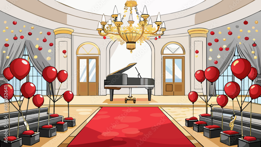 The grand ballroom was decorated with gold and silver balloons ...
