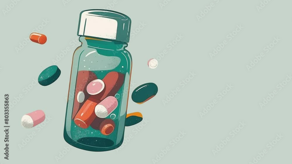 transparent bottle overflowing with red and white capsule pills against ...