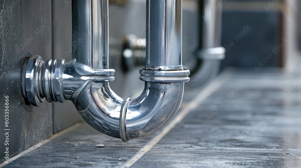 Pipe under kitchen sink. Consist of stainless steel, concrete counter ...