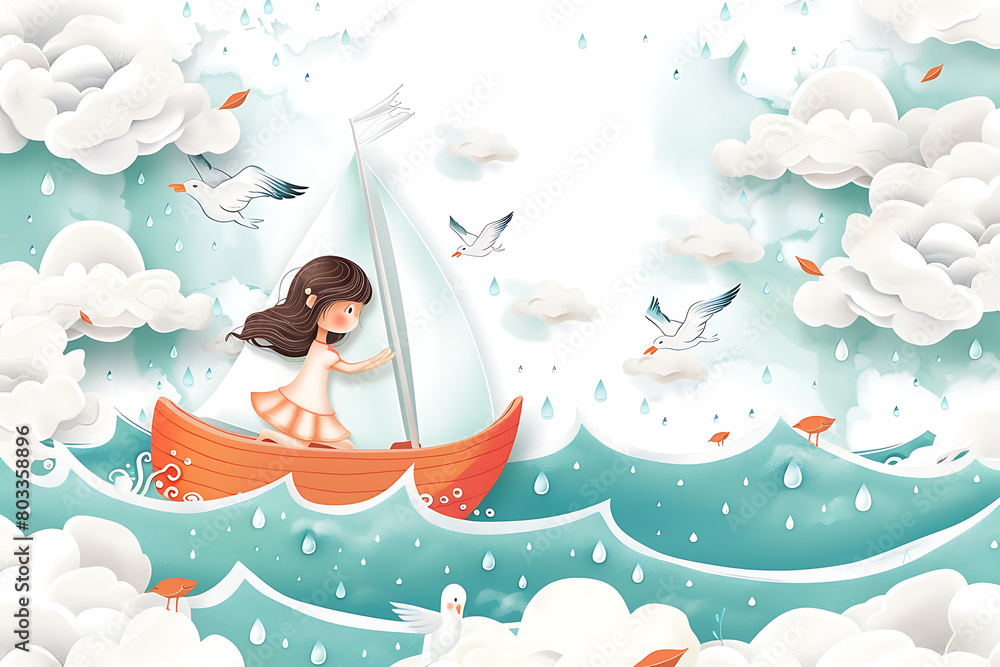 girl sailing boat in the sea, waves and gulls around, illustration book ...