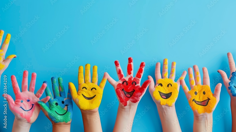 many colorful smiling hands with happy faces painted on their palms in ...