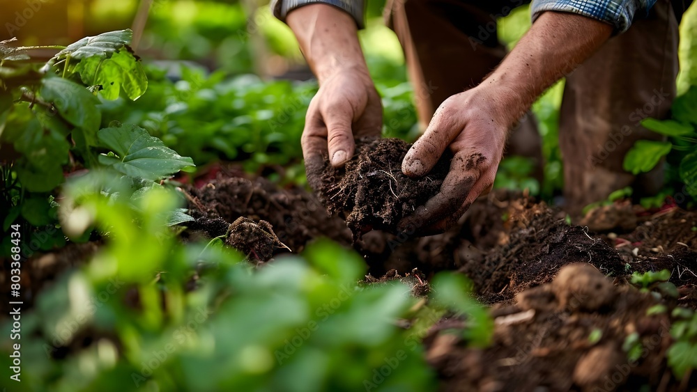 Gardener using technology to create compost pit in garden for soil ...