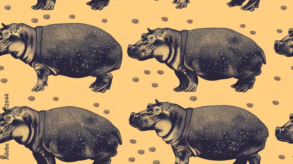 The image shows a repeating pattern of hippos in a vintage style. The ...