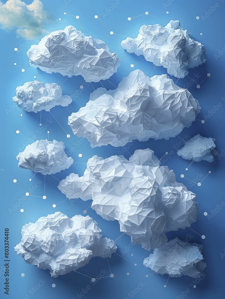 Cloud computing infrastructure visualized in minimalist paper cutout ...